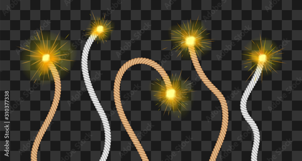 Burning fuse set. Sparkling wick on transparent background. Vector ...