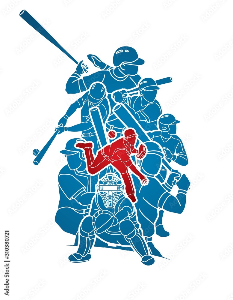 Group of Baseball players action cartoon sport graphic vector. Stock ...