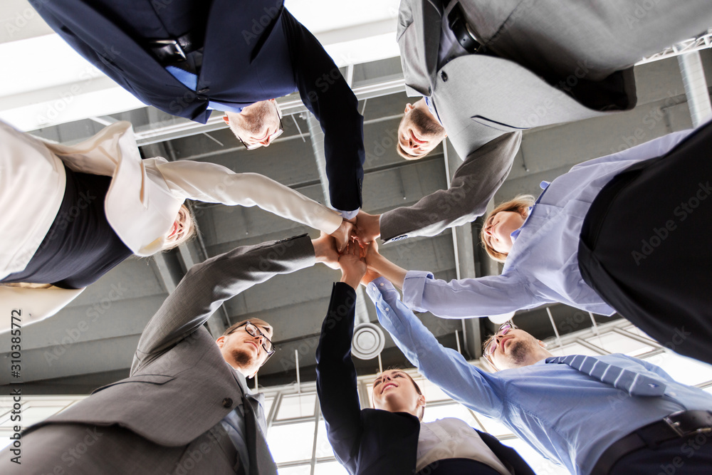 corporate, success and teamwork concept - happy business team making ...