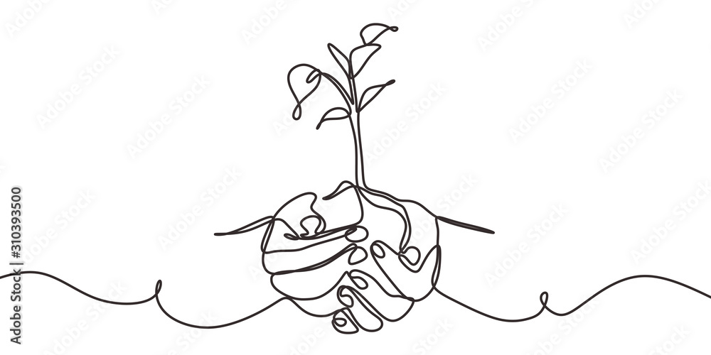 Continuous one line drawing of back to nature theme with hands holding ...
