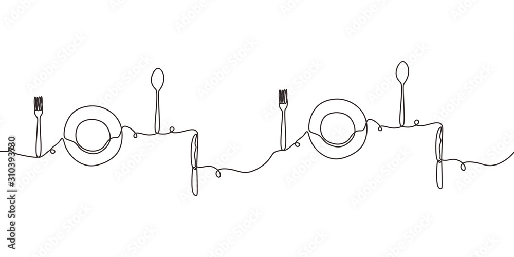 Continuous line drawing of plate, knife, and fork. Minimalism hand ...