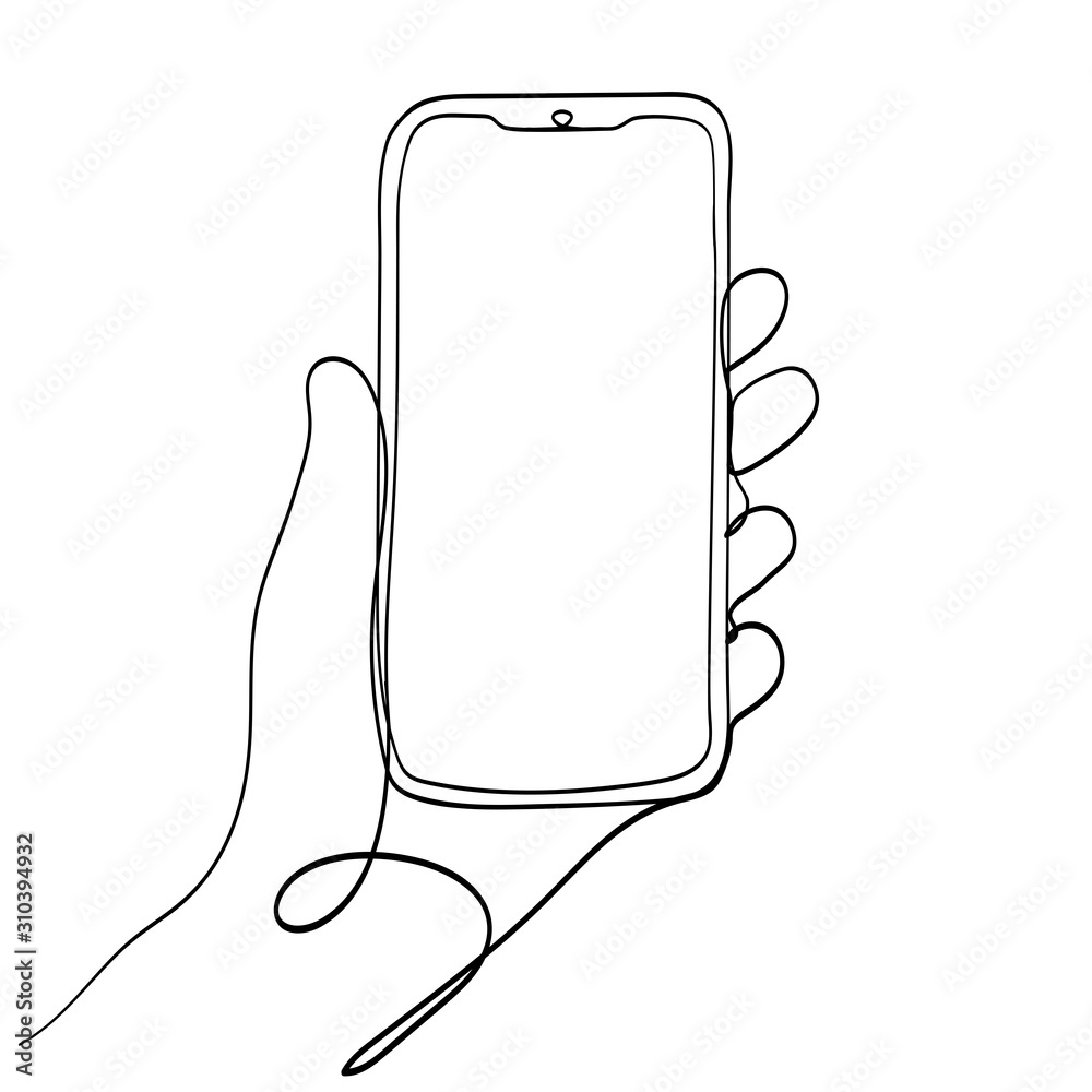 Hand Holding Mobile Phone Line Art Vector Illustration Isolated On