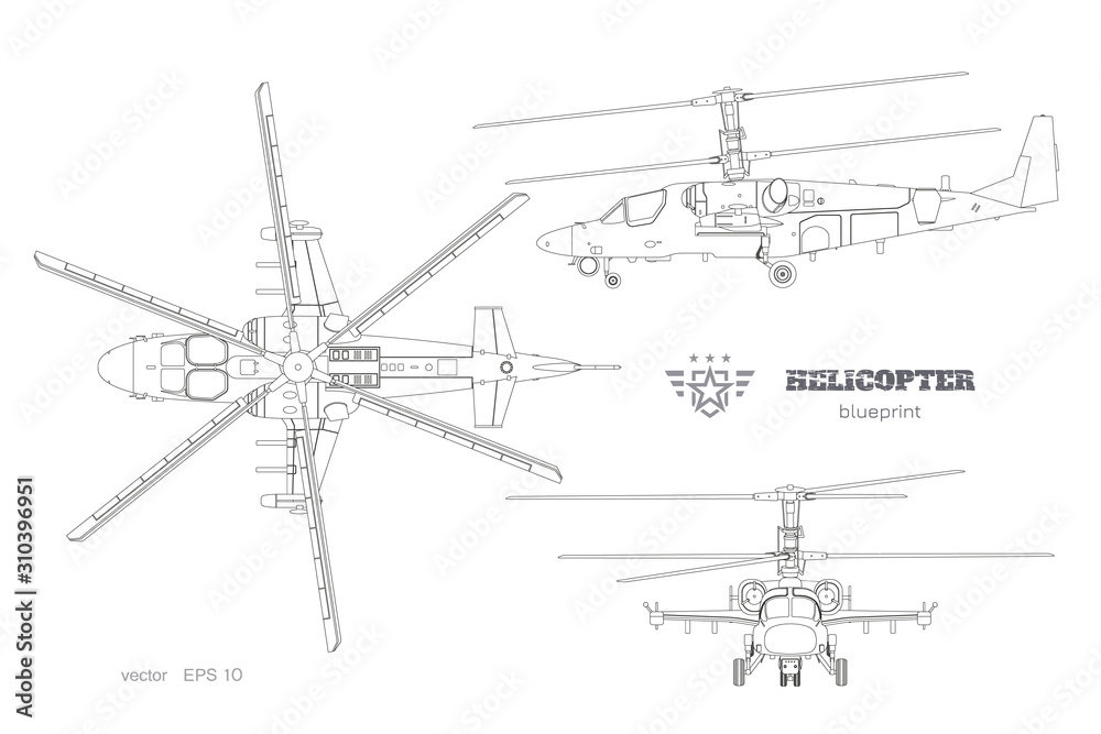 Outline blueprint of military helicopter. Top, side and front views of ...