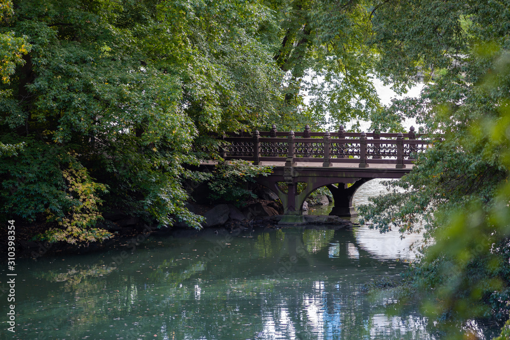 Oak Bridge at Bank Rock Bay in Central Park's Lake, Manhattan. Taken in ...