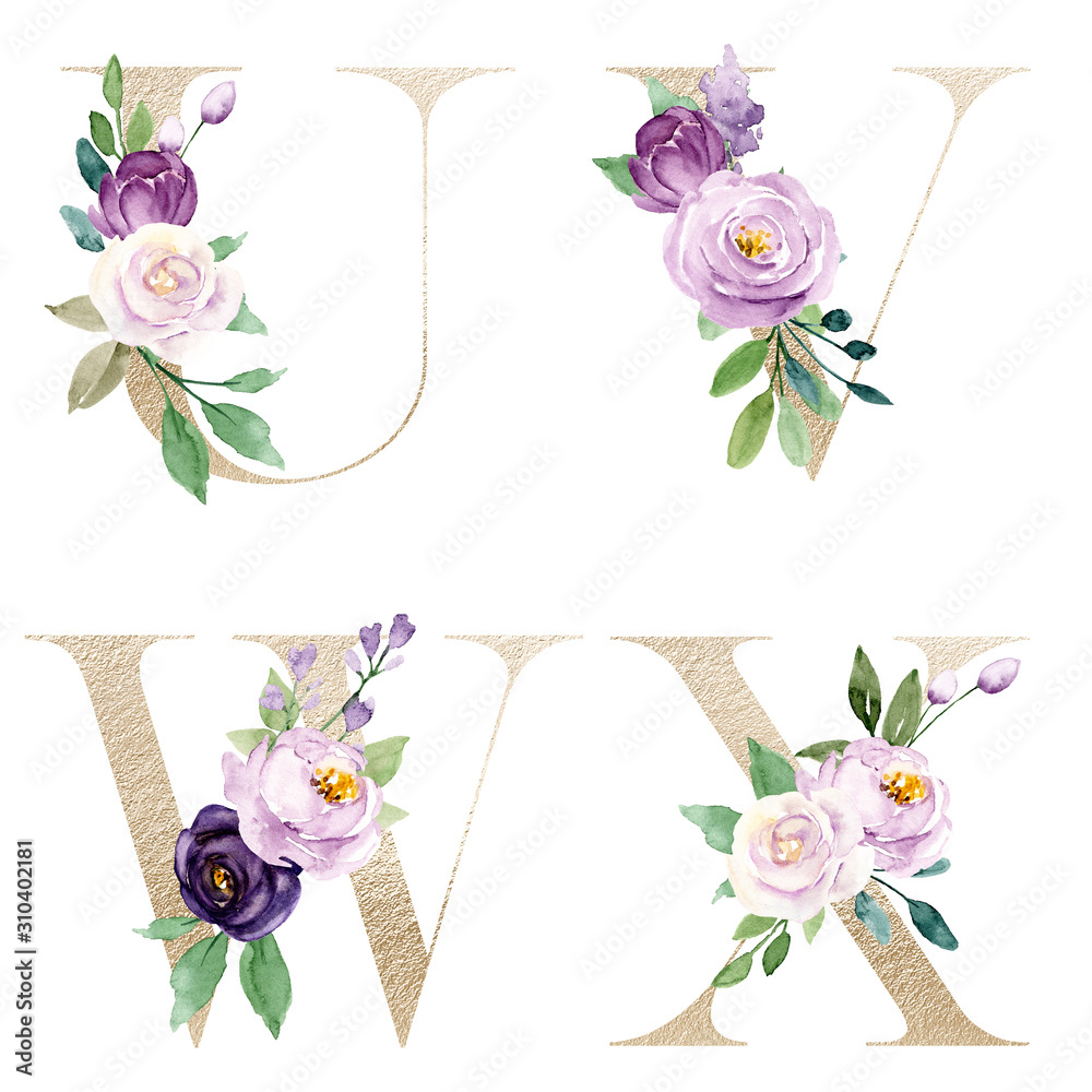 Floral alphabet, gold letters set with watercolor violet flowers roses ...