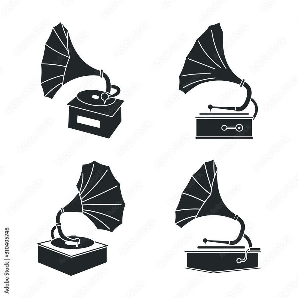 Retro gramophone icon template color editable. Antique brass record ...