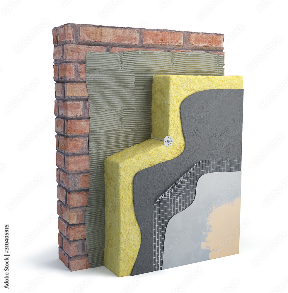 Layered scheme of a thermal insulation of walls, 3d illustration Stock ...