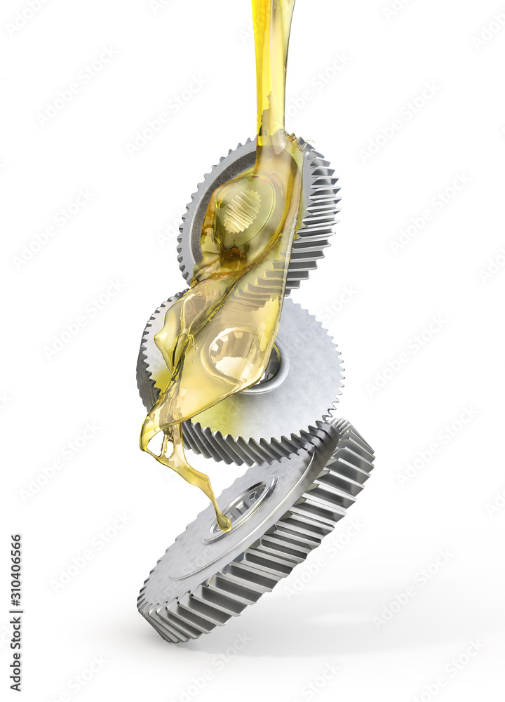 Lubricant. Gears drenched in oil on a white background. 3d illustration ...