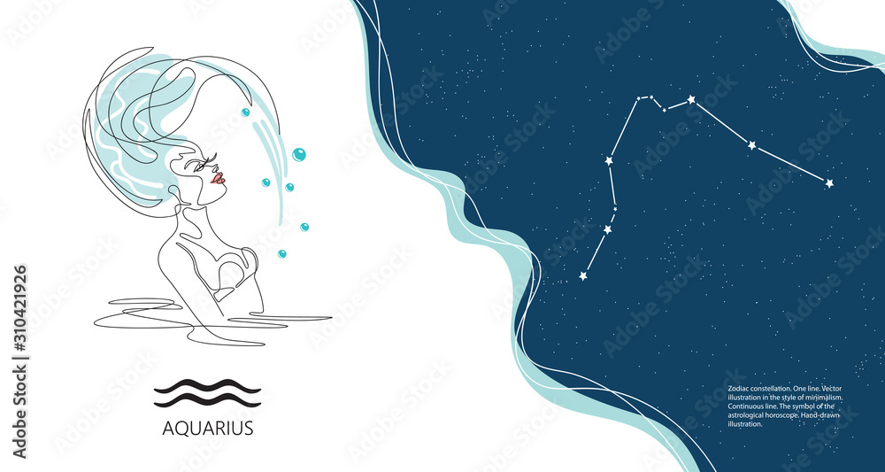 Zodiac background. Constellation Aquarius. Horizontal banner. One line ...