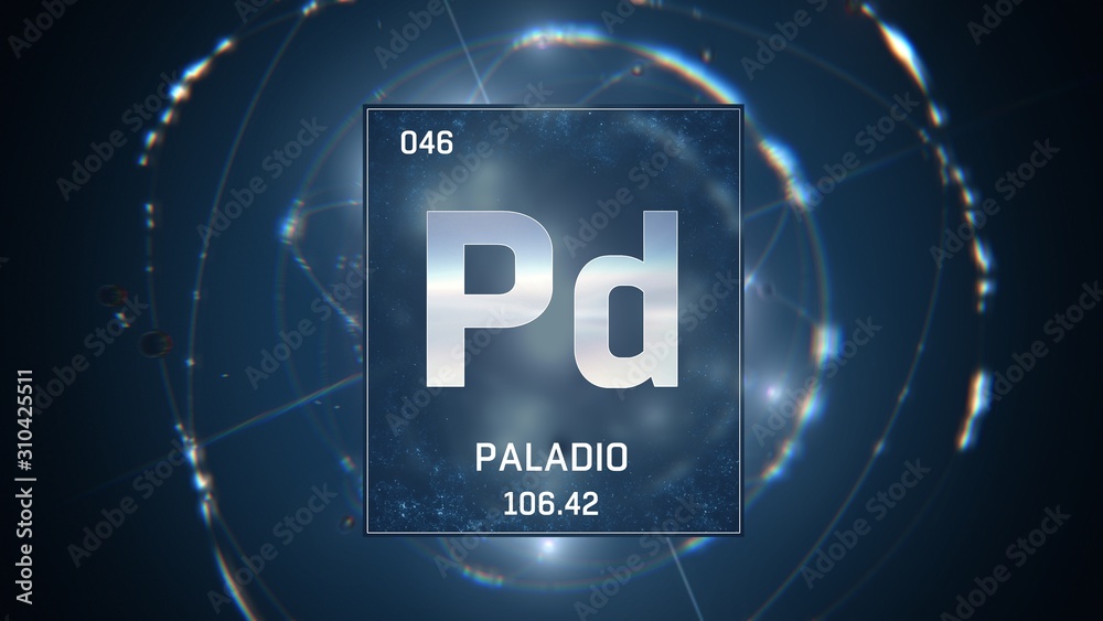 3D illustration of Palladium as Element 46 of the Periodic Table. Blue ...