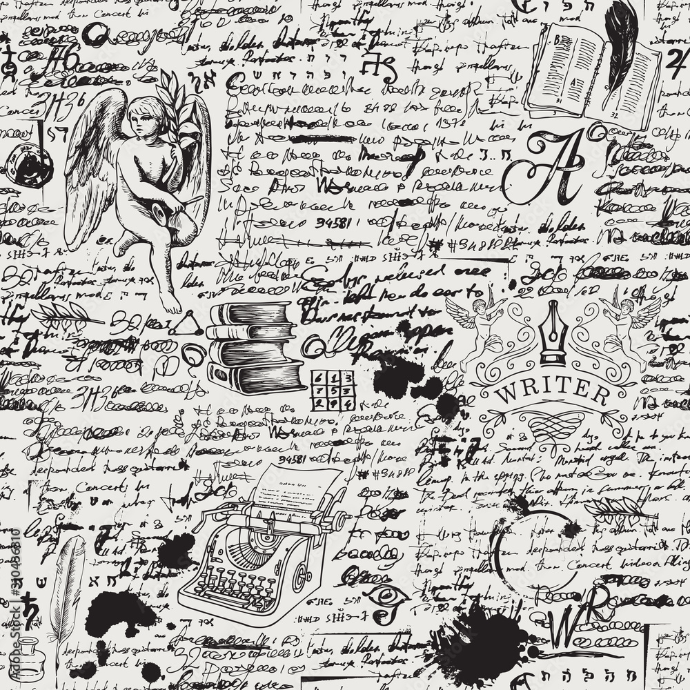 Vector seamless pattern on a writers theme. Black and white background ...