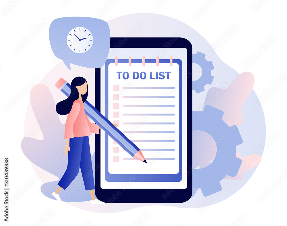 To Do List consept. Tiny girl planning year, month, week. Notes online ...