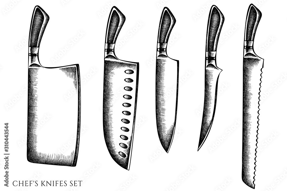 Vector set of hand drawn black and white Chef's knifes Stock Vector ...