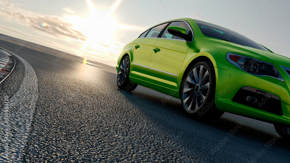 3d car sedan rides on the road to meet the sun, concept 3d render for ...
