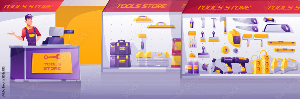 Tools store, hardware construction shop interior with salesman stand on ...