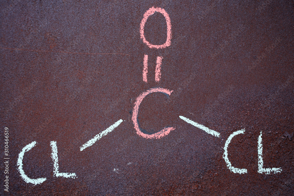 The structural formula of phosgene poisonous gas, drawn by colored ...