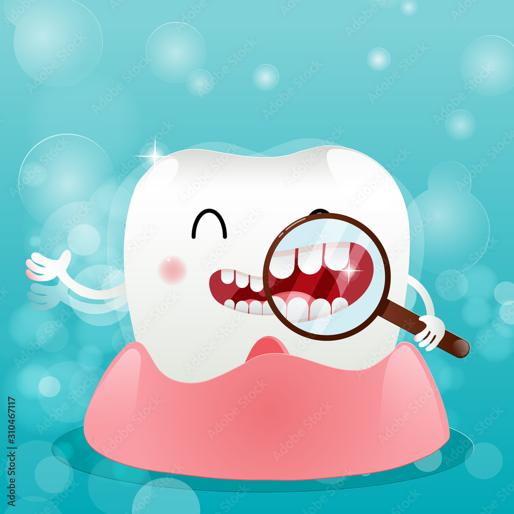 Cartoon tooth happy after brushing teeth, using a magnifying glass to ...
