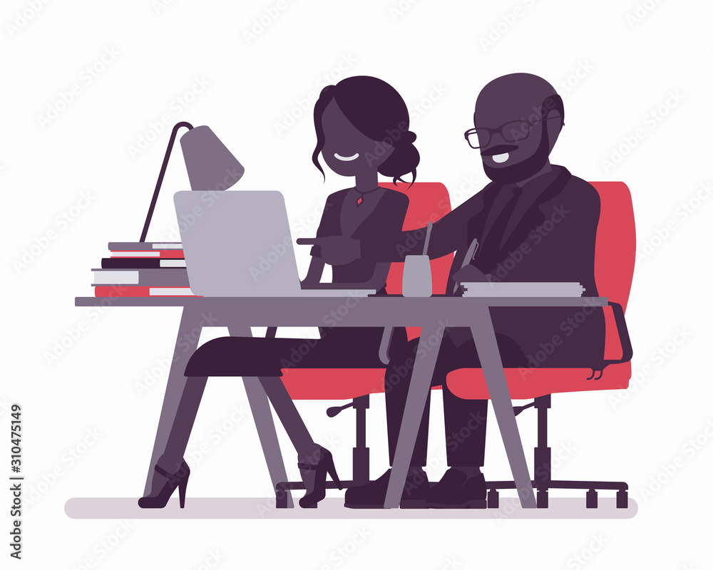 Man coaching and mentoring a young female employee. Office positive ...