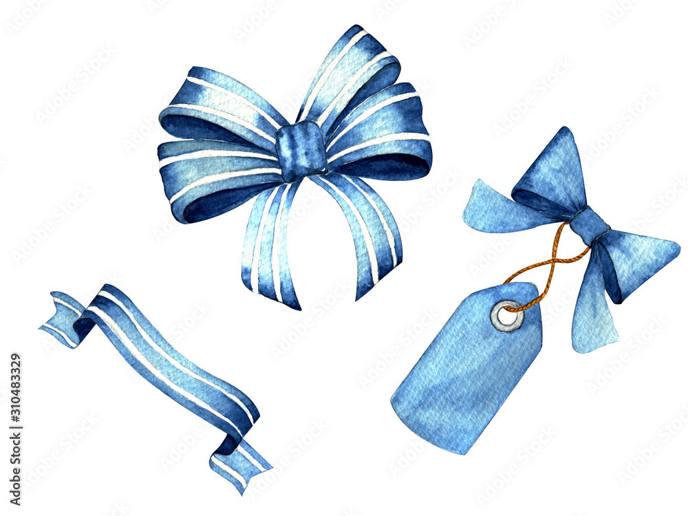 watercolor illustration. hand drawing. collection of objects. blue ...