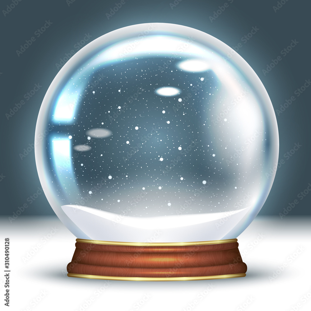 Crystal snow globe empty. 3D Realistic magic ball. Snowflakes swirl ...