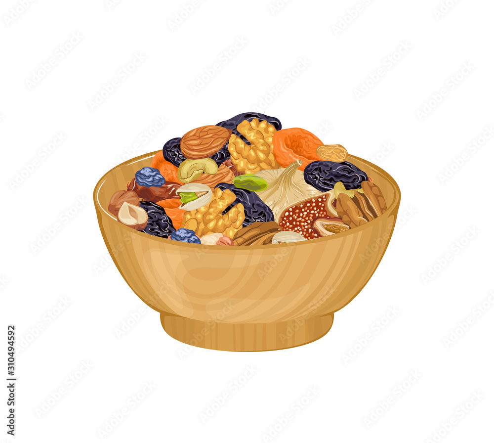 Wooden bowl with nuts and dried fruits isolated on white background ...