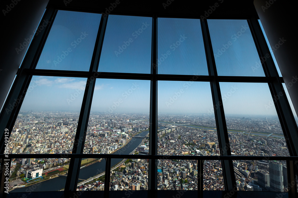 Tokyo, Japan - April 19, 2017: The large windows of Tembo Deck ...