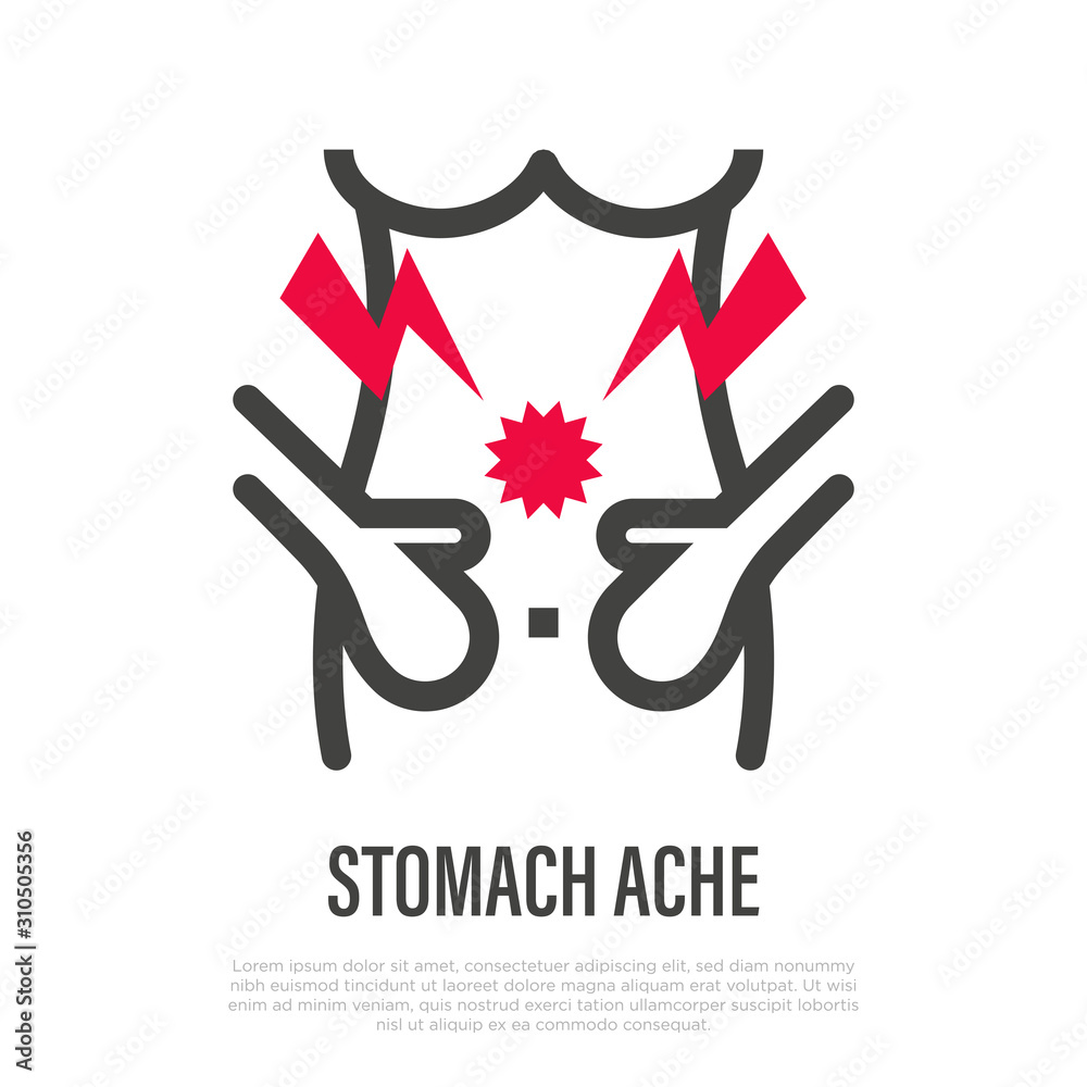 Abdominal pain thin line icon. Stomach ache. Woman is touching her ...