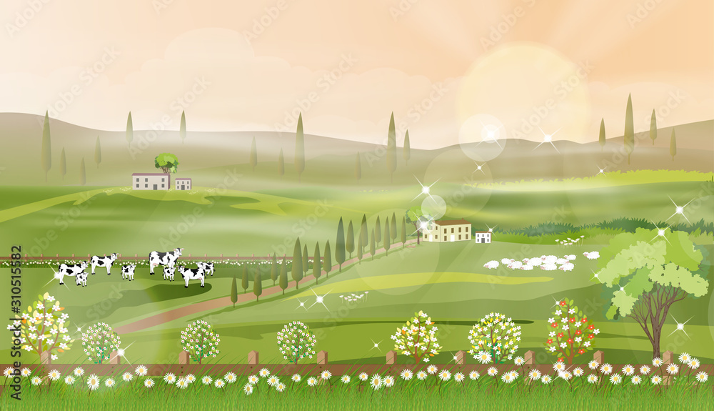 Rural farm landscape with green fields and barn animals cow, goats ...