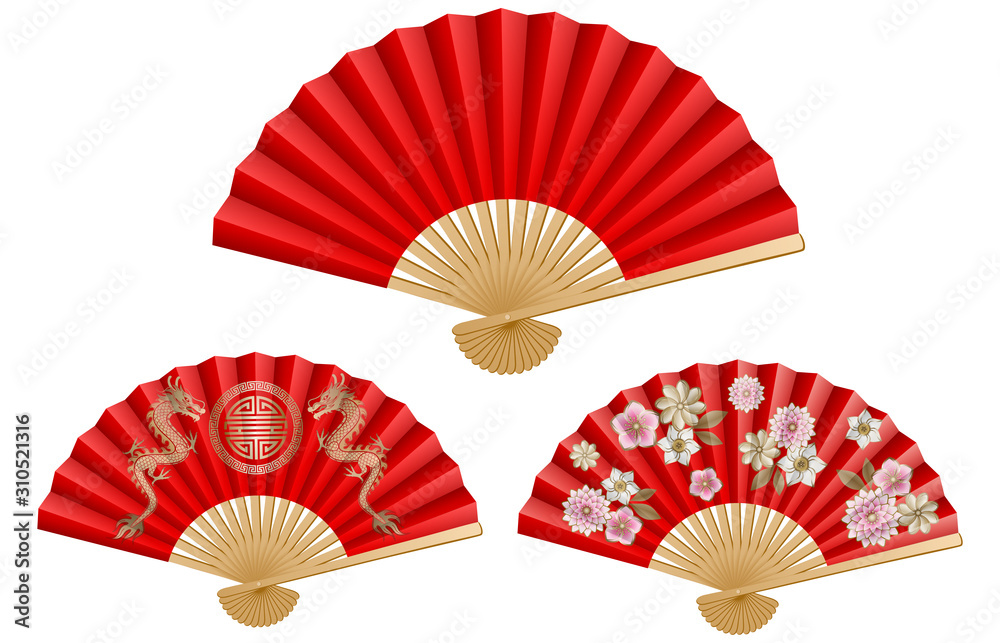 set red chinese fans with flowers and dragons Stock Vector | Adobe Stock