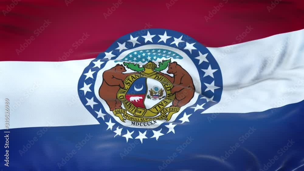 Missouri (U.S. state) flag waving in the wind with highly detailed ...