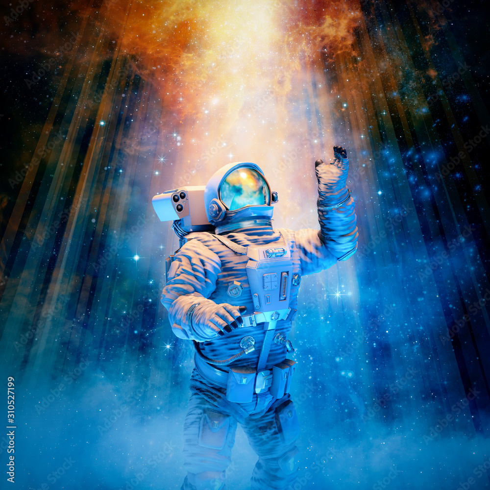 Reach for the heavens / 3D illustration of science fiction scene with ...