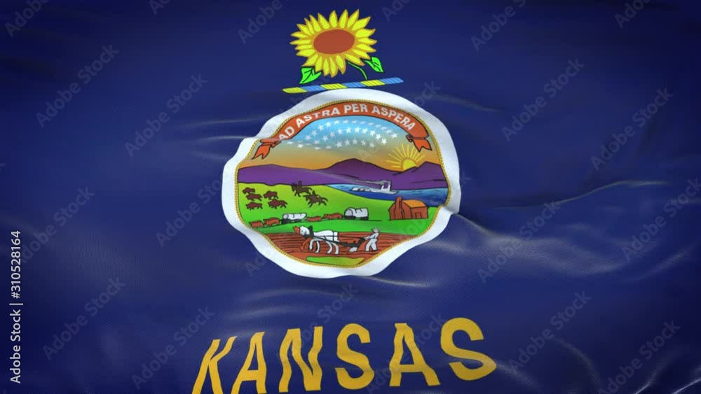Kansas (U.S. state) flag waving in the wind with highly detailed fabric ...