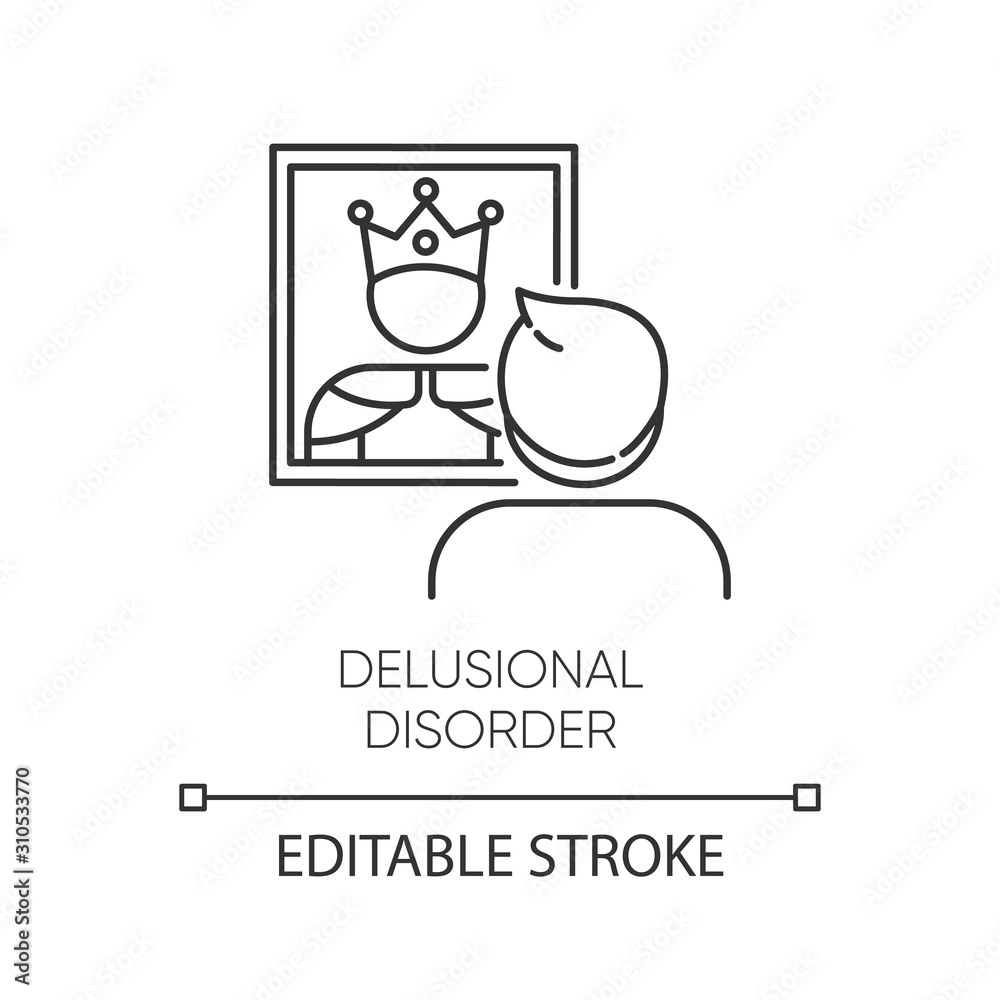 Delusional disorder linear icon. Man in mirror reflection. Bizzare ... Delusional disorder linear icon. Man in mirror reflection. Bizzare ...