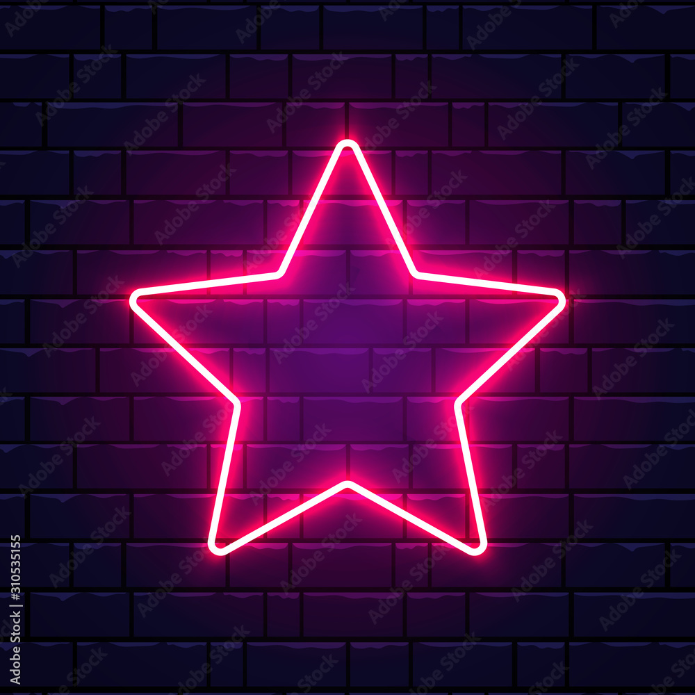 Neon star. Bright pink star frame on brick wall background with ...