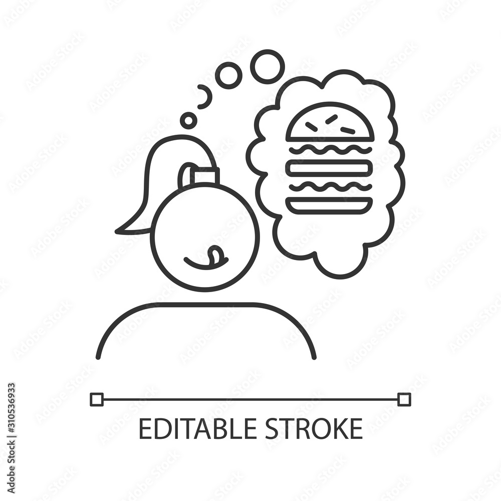 Food craving linear icon. Girl thinking of burger. Thought of sandwich ...