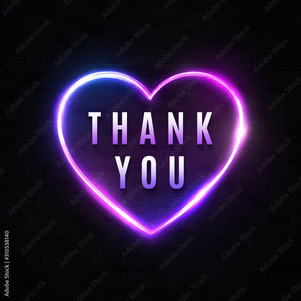 Thank you sign on black brick wall background. Neon realistic text in ...