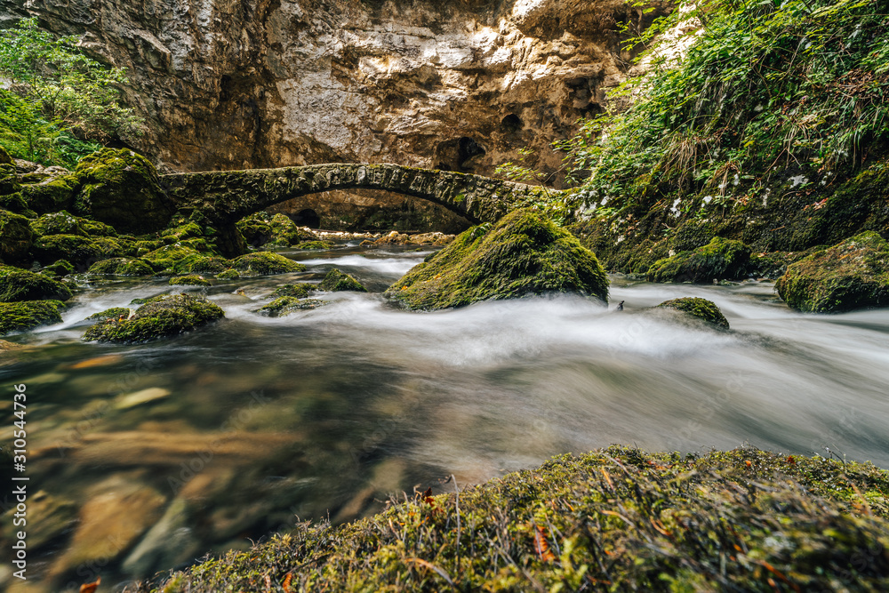 Famous old stone bridge in the karst caves of Rakov Skocjan area. Caves ...