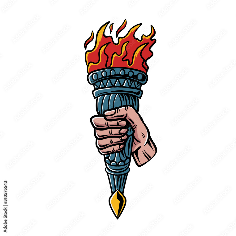 Hand holding flaming torch illustration. Pop art design of torch for ...