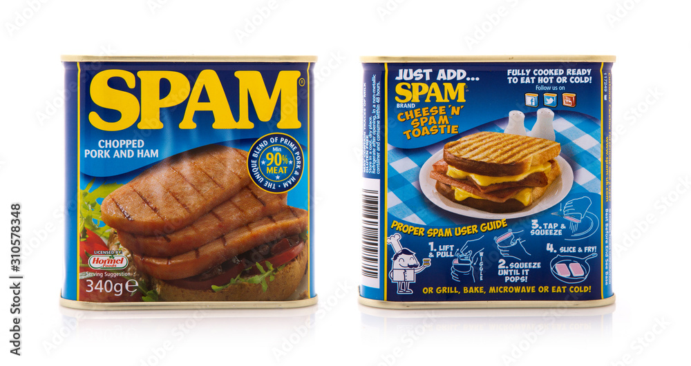 Front and rear views of a Tin of SPAM chopped pork and ham on a white ...