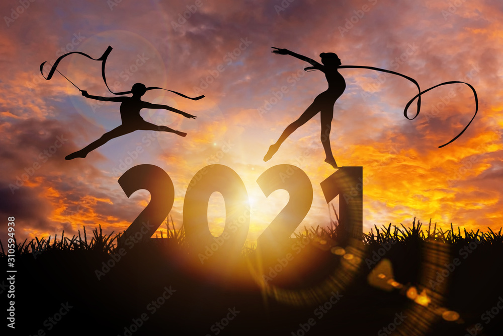 2021 New Year : Young gymnast woman dance ribbon silhouette performing ...