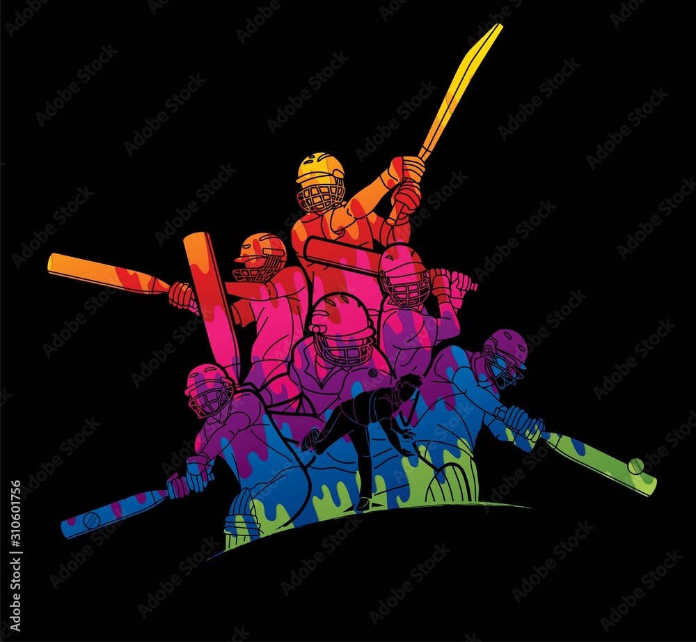 Group of Cricket players action cartoon sport graphic vector. Stock ...