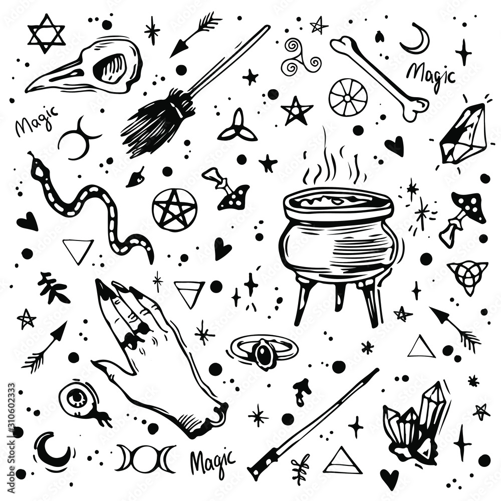 Magic items collection. Witchcraft signs and objects set for ritual ...