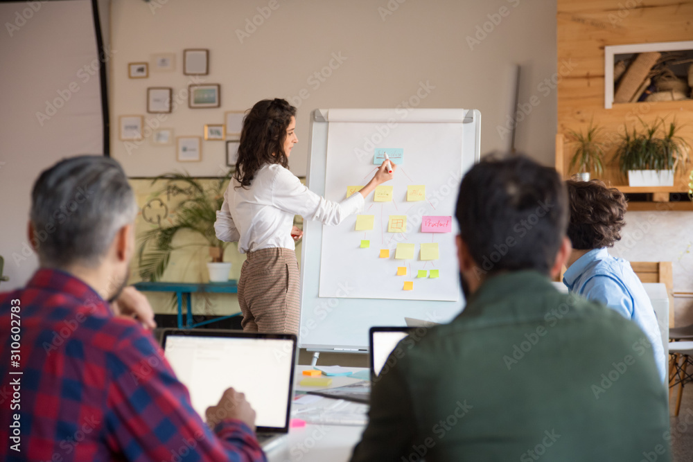 Manager presenting project strategy to coworkers, drawing hierarchy ...