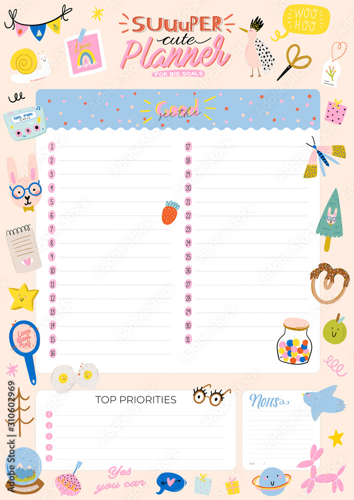 Collection of weekly or daily planner, note paper, to do list, stickers ...
