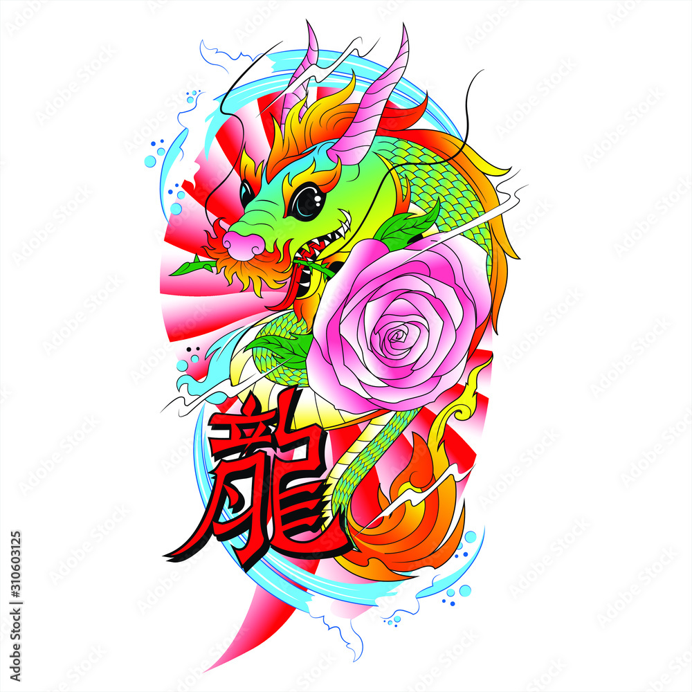 Dragon and Rose blossom Tattoo Design colorful Stock Vector | Adobe Stock