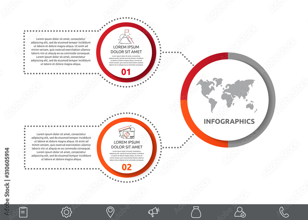 Vector infographic with main circle and 2 labels. Circles with icons ...