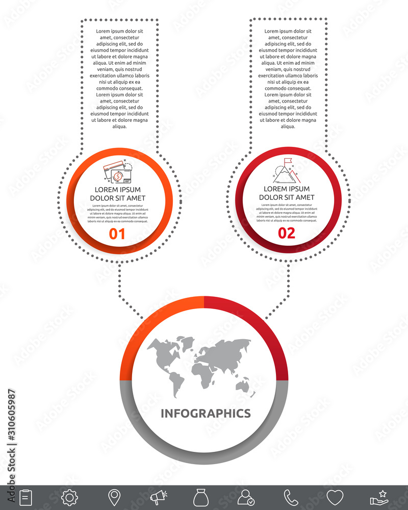 Vector infographic with main circle and 2 labels. Circles with icons ...