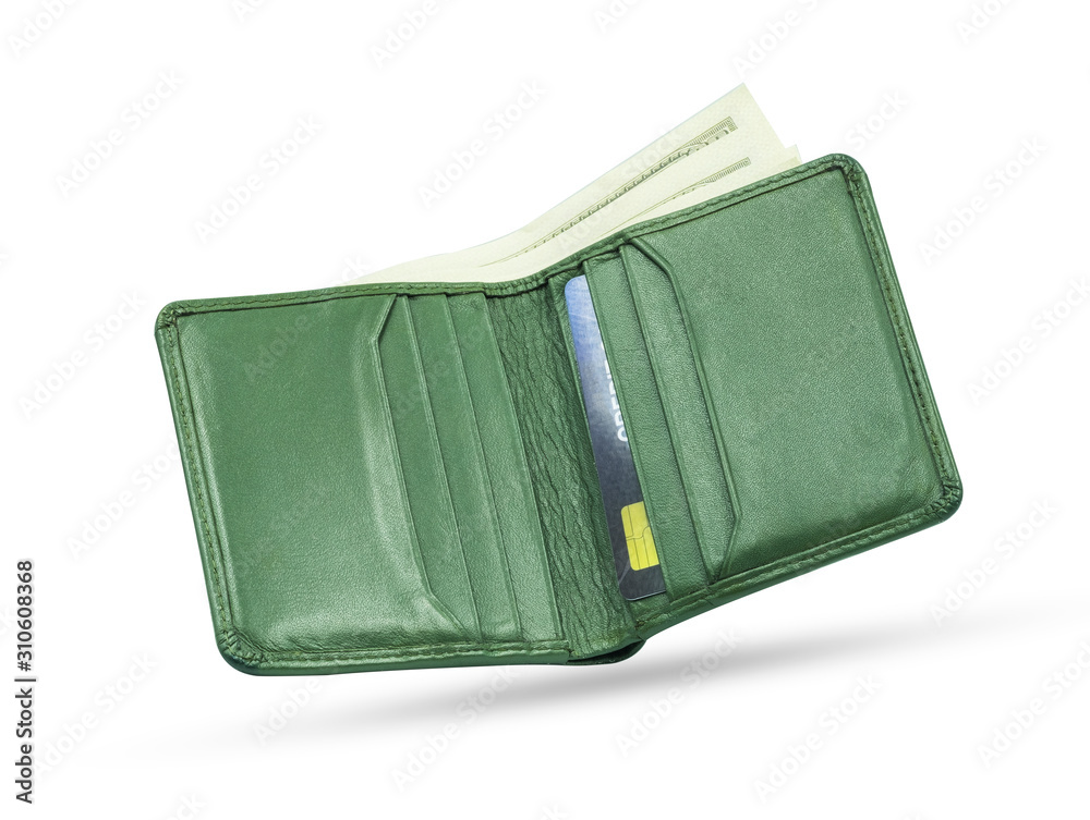 Top view, Close-up of Wallet green color genuine leather texture with ...