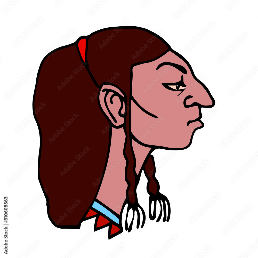 head in profile of an indian young male with red ribbon in hair ...