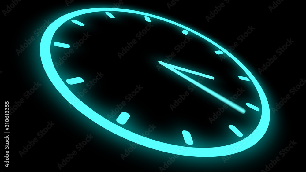 Fast moving clock Neon bright glowing spinning animation 3D rendering ...